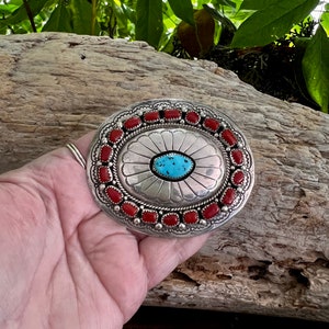 Vintage Kingman Turquoise Red Coral Belt Buckle Native American Belt ...