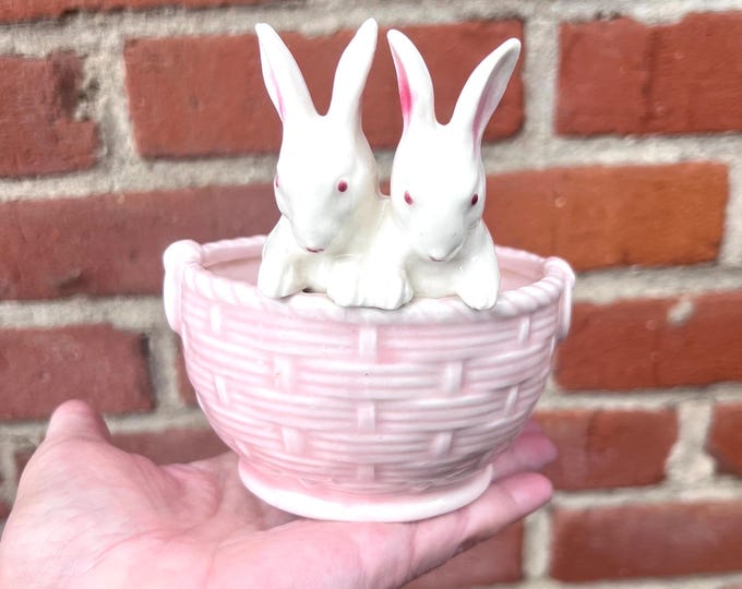 Vintage Easter Bunny Basket Planter MCM 1940 1950 Ceramic Double Pink ...