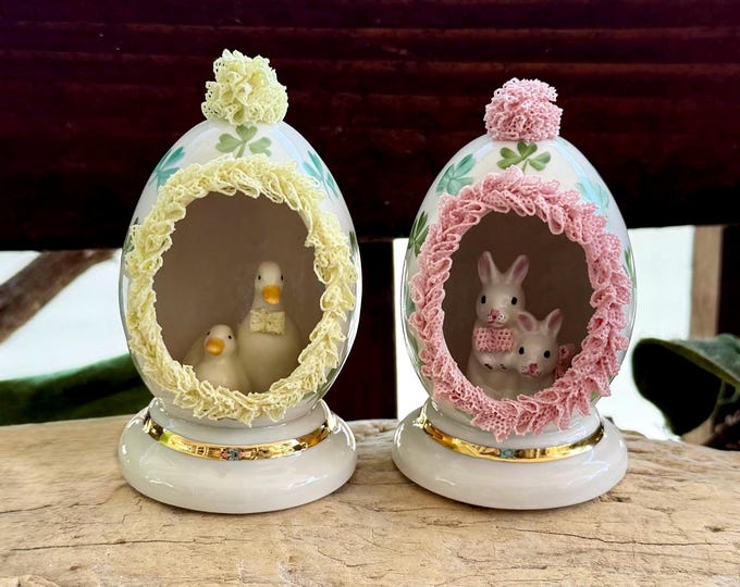 Vintage Easter Dresden Diorama Egg Pink Bunny Yellow Duck Porcelain Egg ...