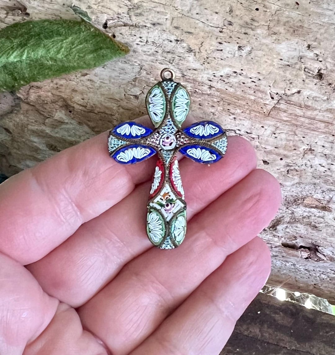 Victorian Micro Mosaic Floral Cross Pendant 1930 1940 Antique Cross ...