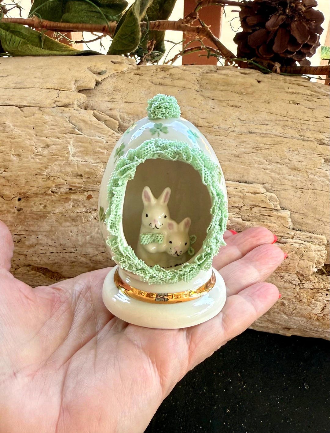 Vintage Irish Dresden Lace Bunny Egg Figurine Easter Diorama Porcelain ...