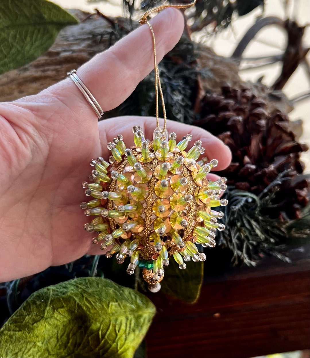 Vintage Gold Push Pin Beaded Ball Christmas Ornament 1960 1970 Satin ...