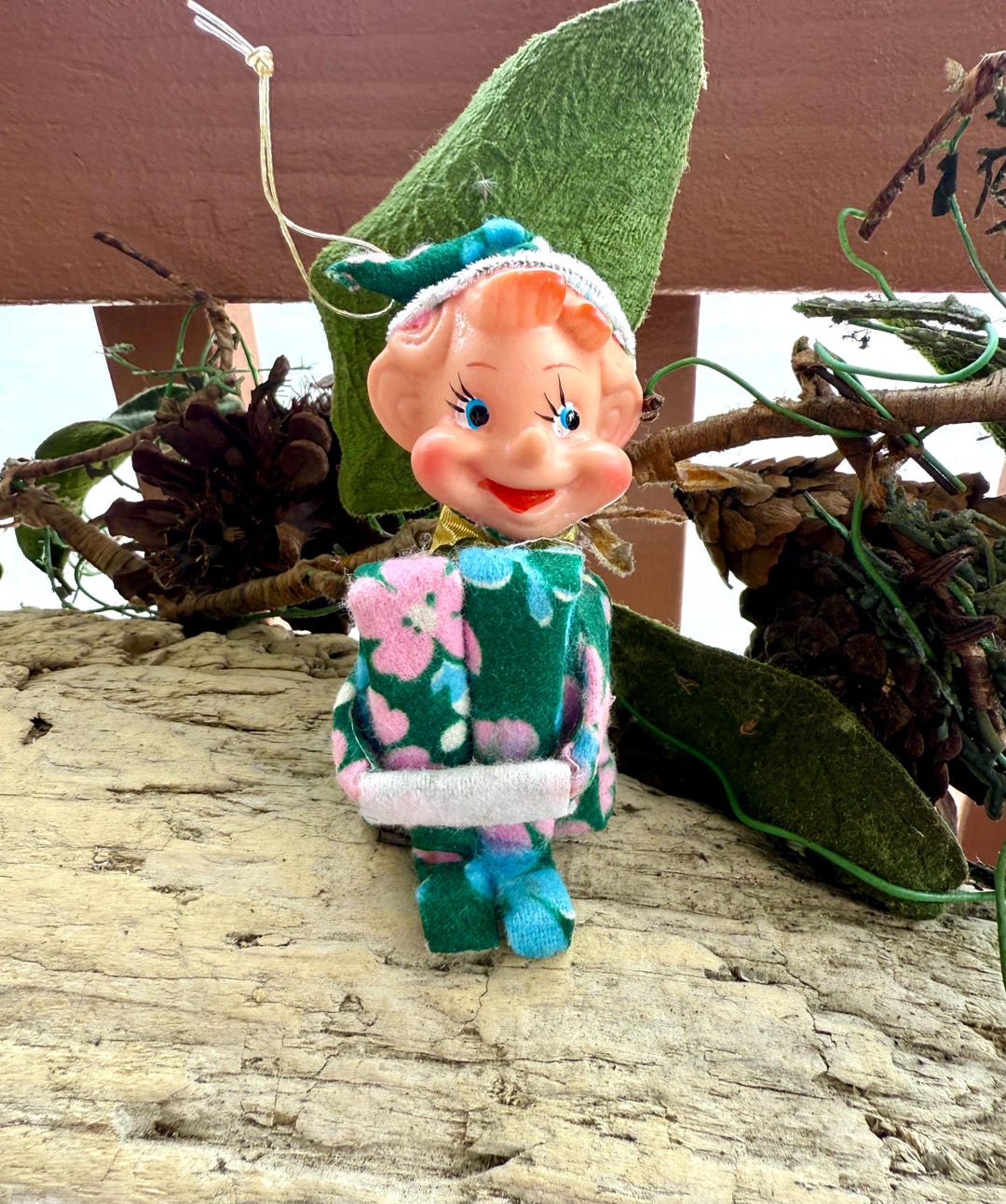Vintage Elf Pixie Floral Knee Hugger Christmas Ornament 1970 1976 Green ...