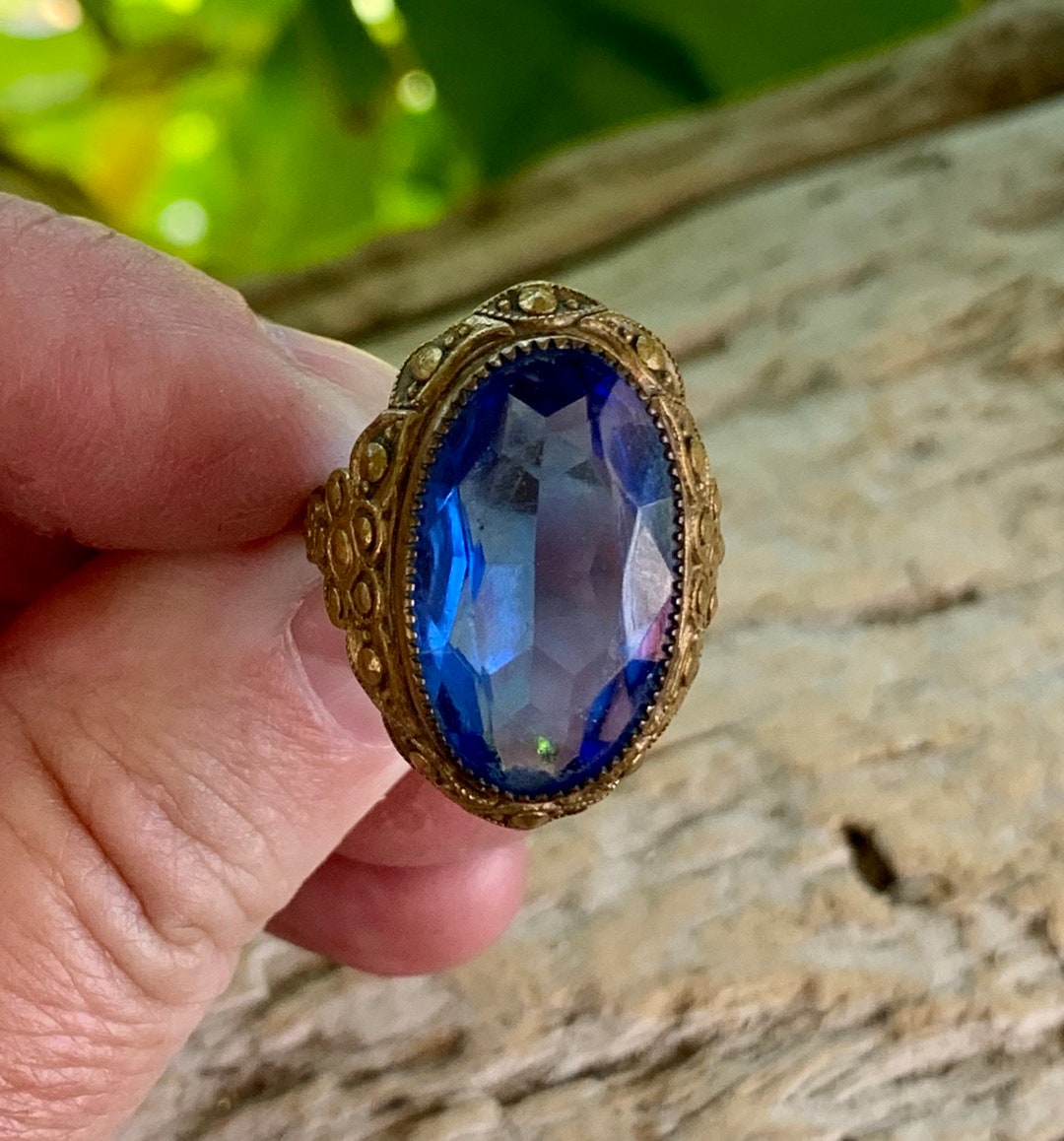 Vintage Victorian Blue Glass Ring Art Deco Blue Ring 1920 1930 Czech ...