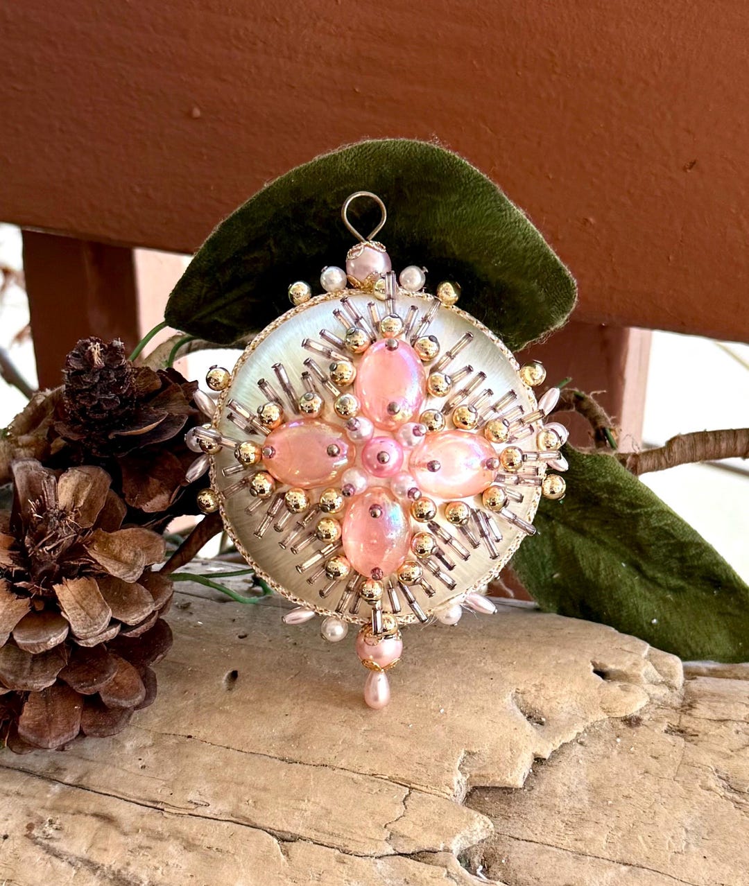 Vintage Pink Push Pin Bead Christmas Ornament 1960 1970 Handmade Pink ...