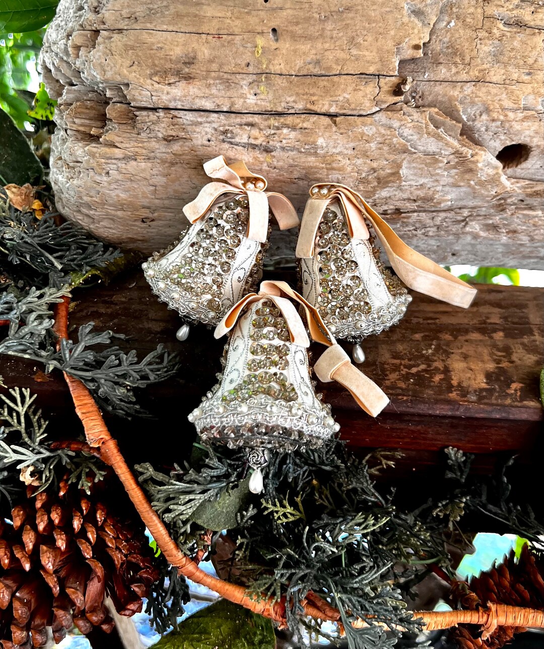 Vintage Silver Sequin Christmas Bell Ornament 1970 1980 Handmade Push ...