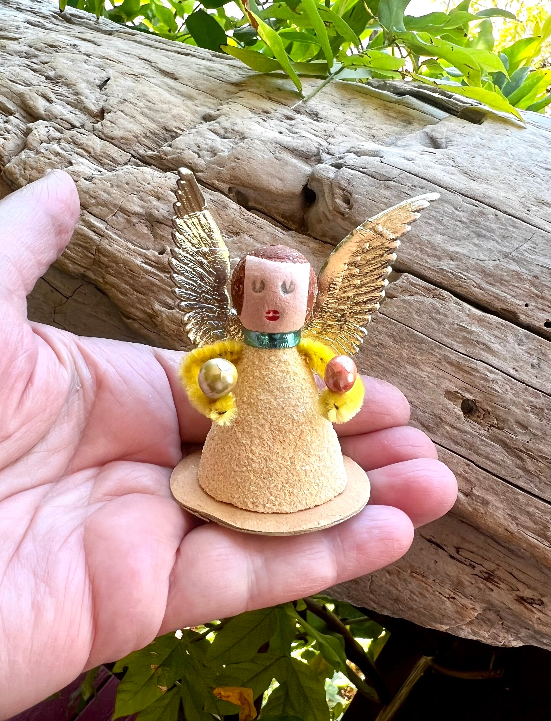 Vintage 1940 1950 Mica Angel Christmas Ornament Putz Spun Cotton Angel ...