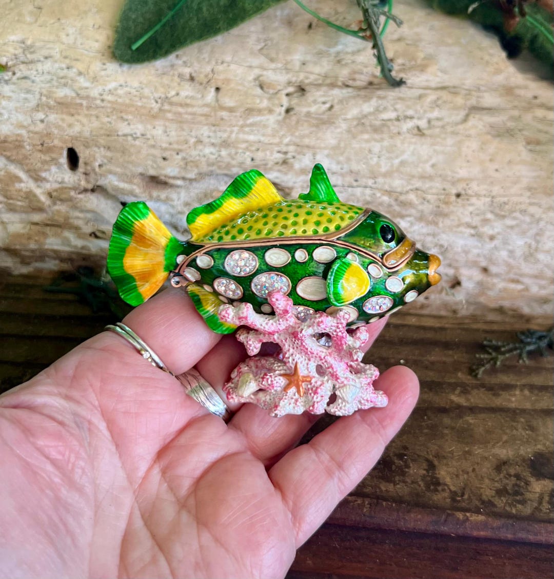 Trigger Fish Coral Crystal Rhinestone Trinket Box Collectible Hinged ...