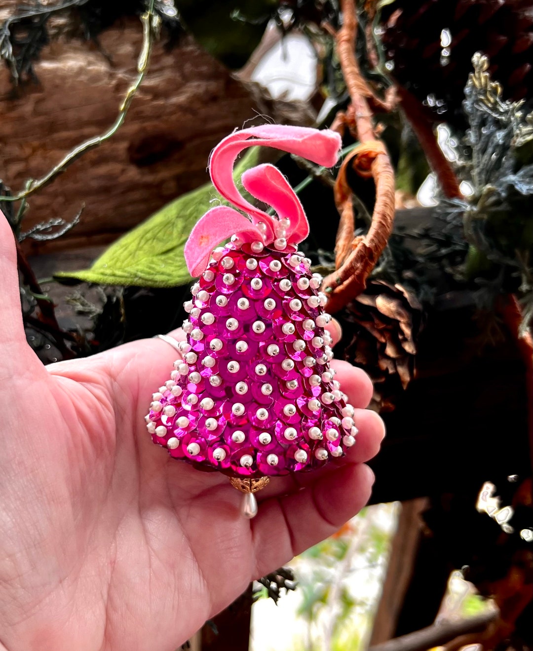Vintage Pink Sequin Valentine Christmas Bell Ornament 1970 1980 Push ...