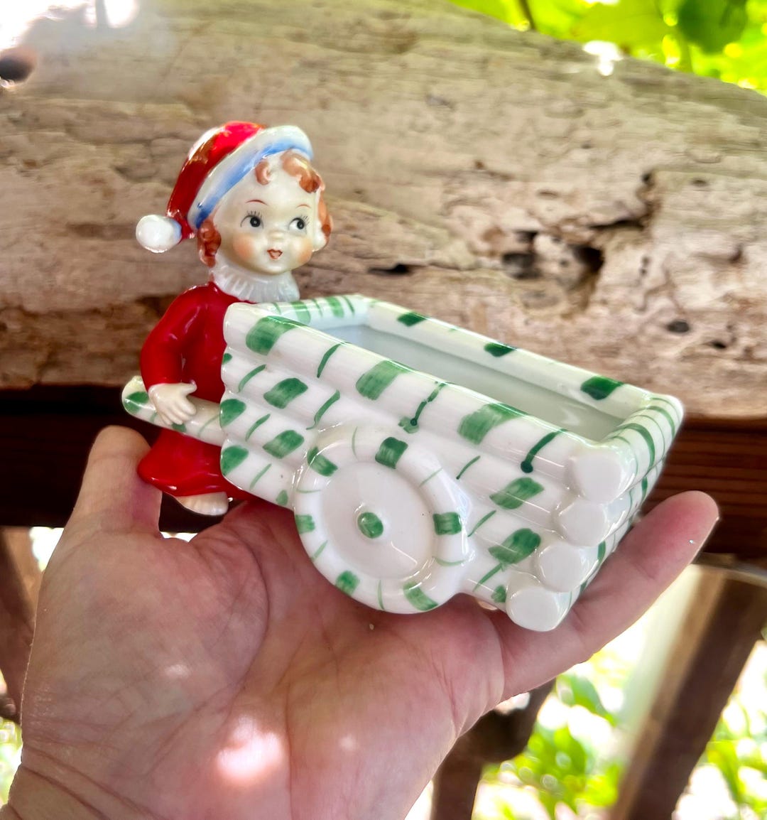 Vintage 1950 1860 Candy Cane Christmas Planter Girl Cart Planter Mid ...