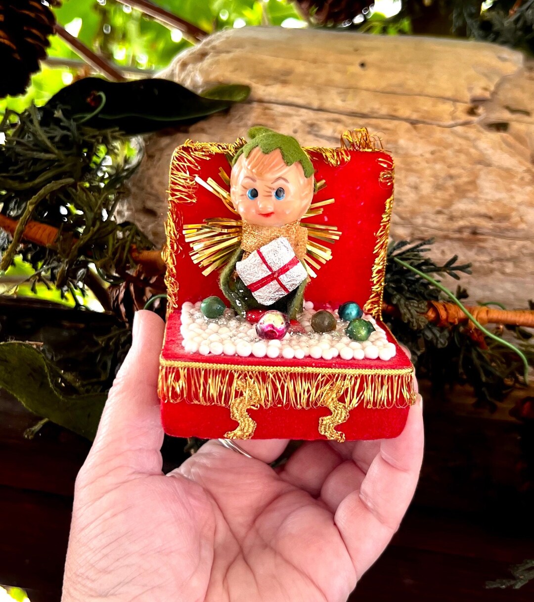 Vintage Flocked Elf Pixie Christmas Ornament 1950 1960 MCM Plastic Knee ...