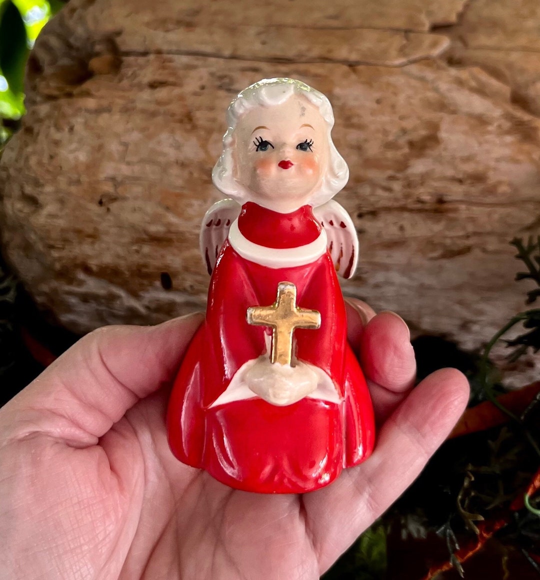 Vintage 1950 MCM Christmas Angel Figurine Ceramic Religious Cross Angel ...