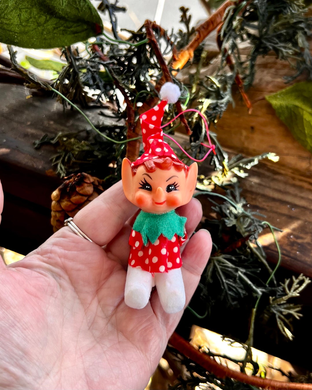 Vintage Polka Dot Elf Pixie Christmas Ornament MCM 1950 1960 Plastic ...