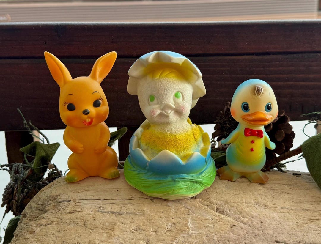 Vintage Rubber Easter Toys: Duck, Chick, Bunny - MCM Kitsch Decor Set ...