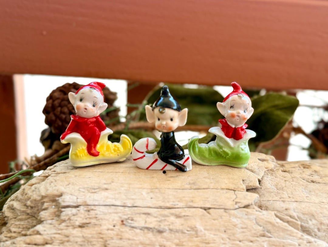 Vintage Ceramic Christmas Elf Figurine Trio: Retro Kitsch Holiday Decor ...
