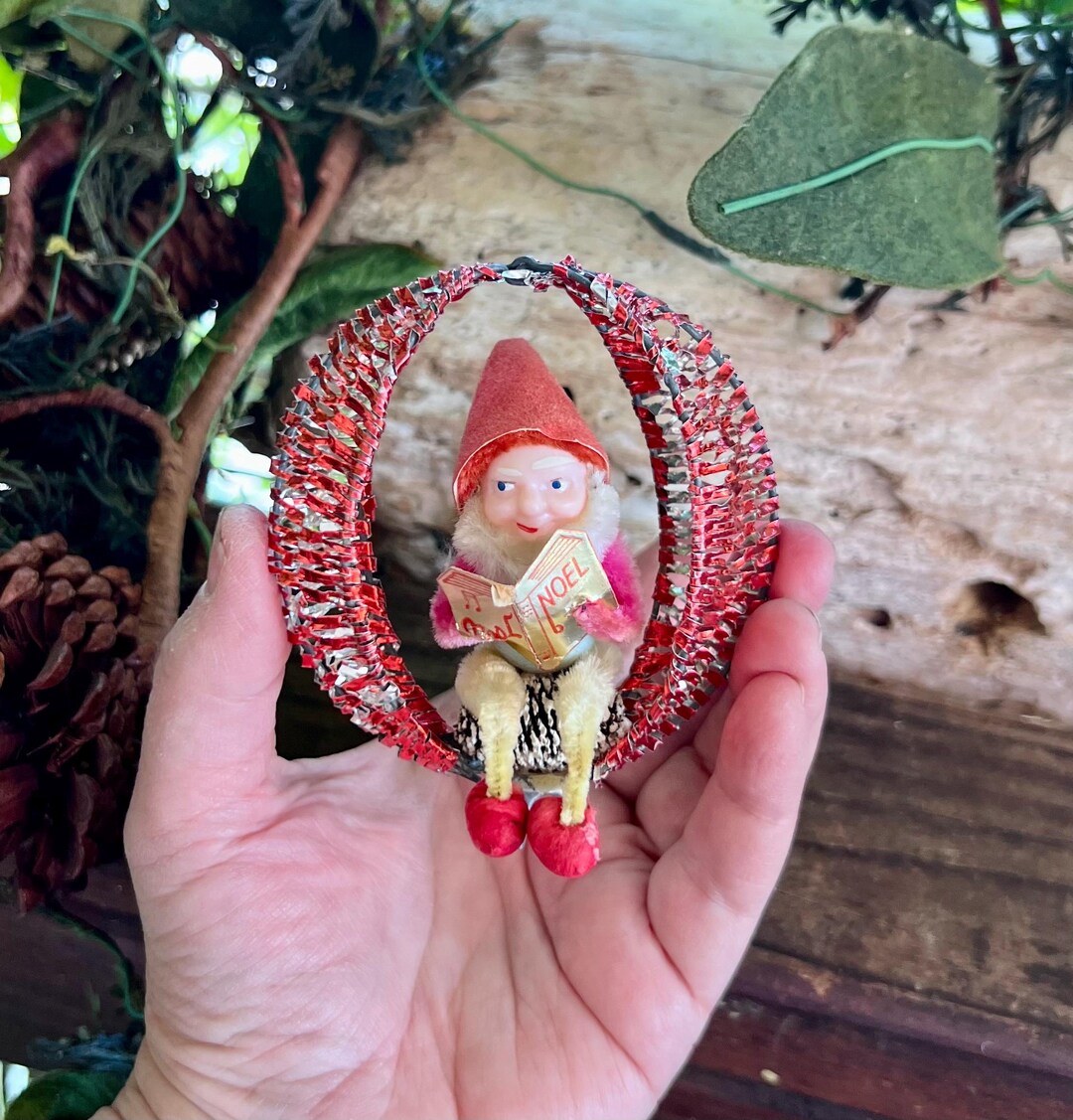 Vintage Mesh Elf Pixie Gnome Dwarf Pinecone Christmas Ornament Shiny ...