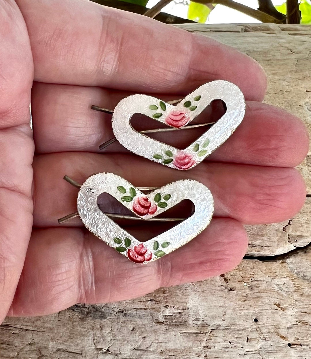 Vintage MCM 1960 1970 Guilloche Enamel Heart Barrette Pink Rose Floral ...