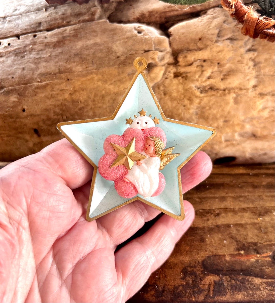 Vintage Blue Pink Angel Christmas Ornaments West Germany Angel Moon MCM ...