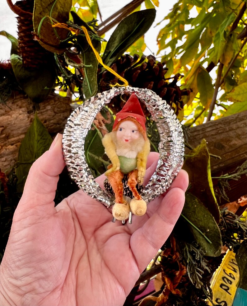 Vintage Mesh Elf Pixie Gnome Dwarf Pinecone Christmas Ornament Shiny ...