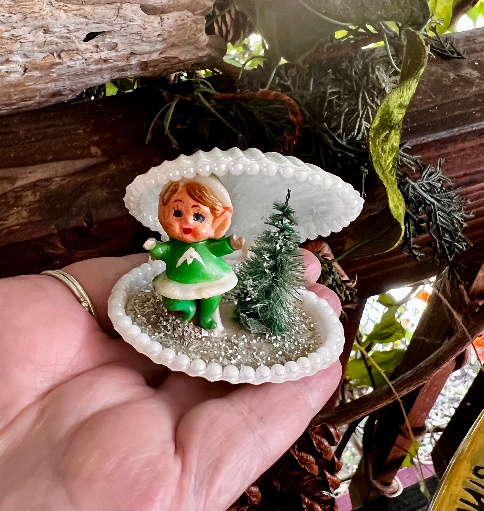 Vintage Elf Pixie Diorama Christmas Ornament Retro Kitsch Elf Pixie ...