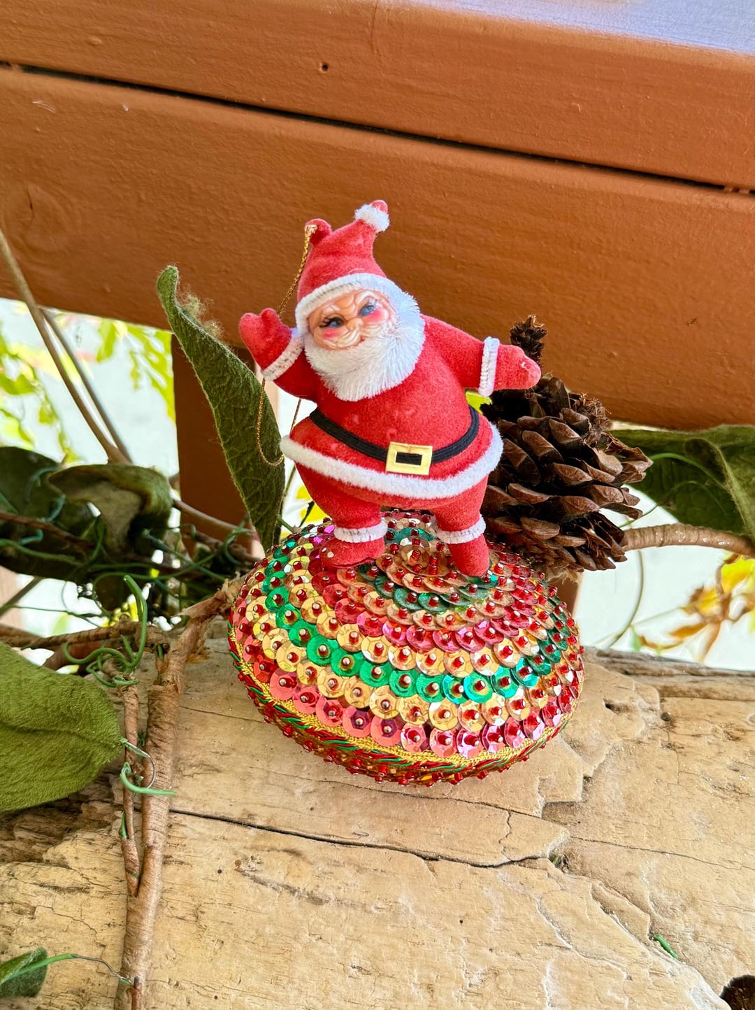 Vintage Push Pin Sequin Santa Christmas Ornament 1960 1970 6” Flocked ...