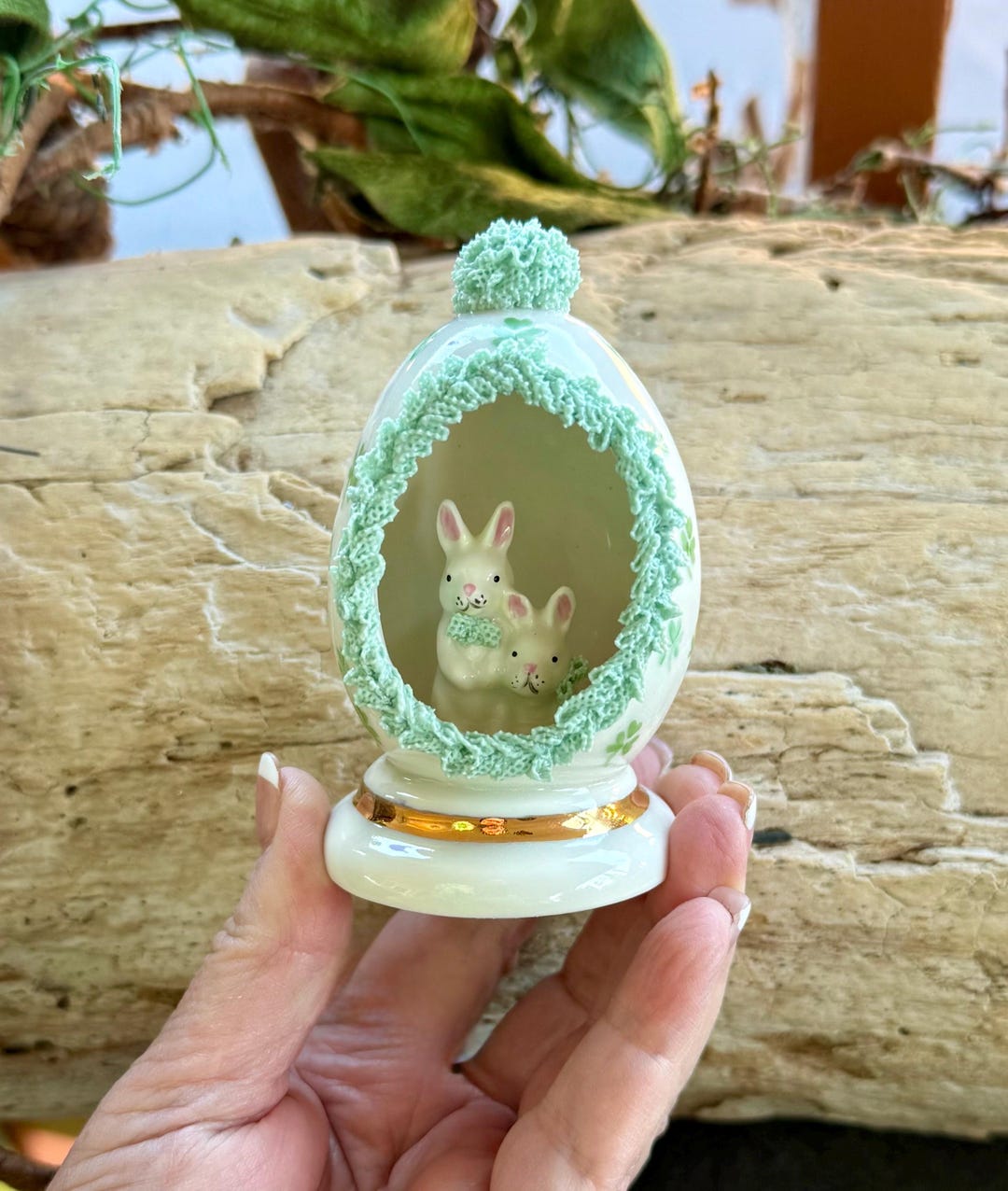 Vintage Irish Dresden Bunny Diorama Porcelain Egg Easter Figurine Green ...