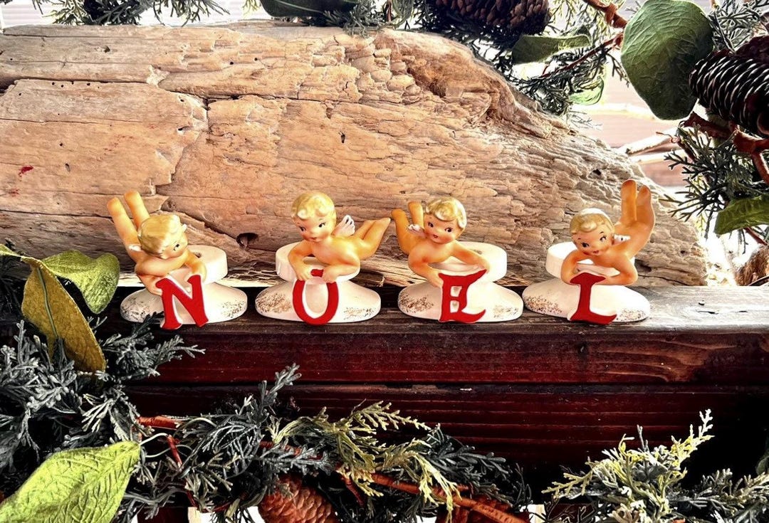 Vintage 1950 LEFTON Angel NOEL Christmas Candleholder Retro Geo Lefton ...