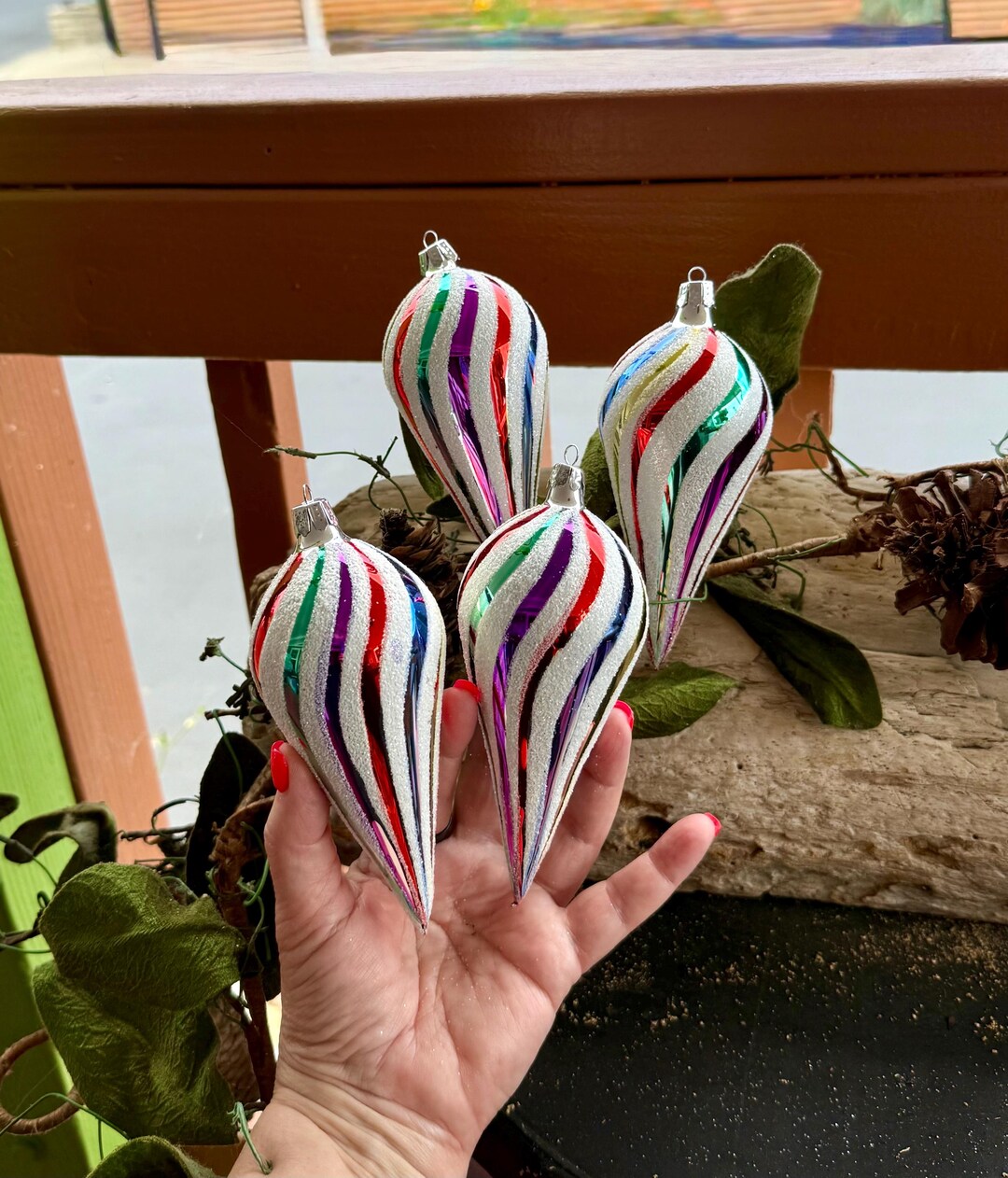 Vintage Christmas Striped Glass Teardrop Ornament COMMODORE 1980 1990 ...