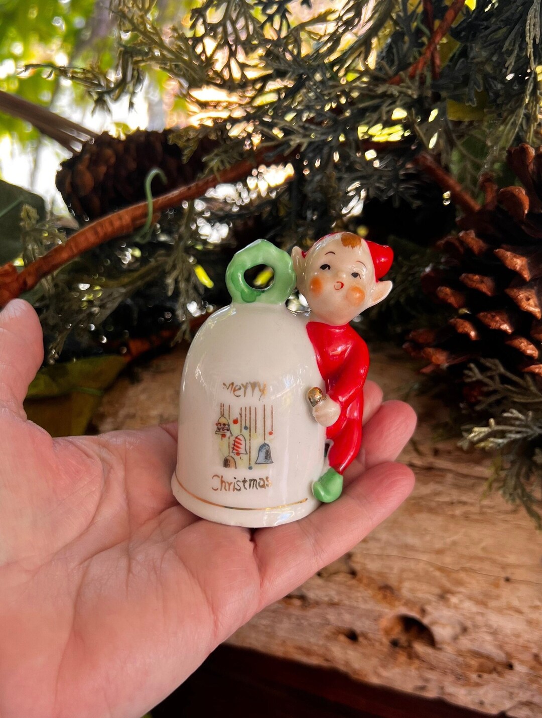 Vintage 1940 1950 Elf Pixie Christmas Ornament 3 Bell MCM Ceramic Elf Pixie merry Christmas Bell ...