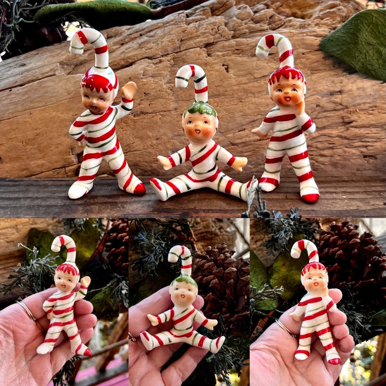 Vintage LEFTON Christmas Candy Cane MCM Ceramic Candy Cane Elf Elves ...