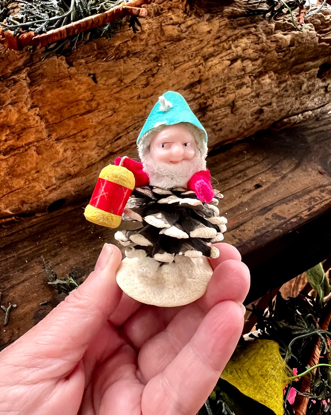 Vintage Elf Gnome Christmas Ornament Pixie Pinecone Gnome Ornament 1950 1960 Gnome MCM Pine Cone ...