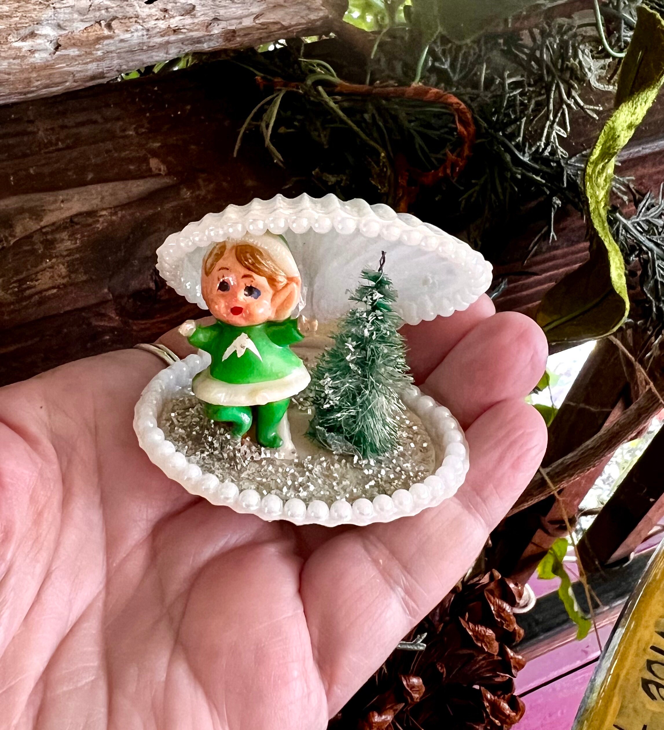Vintage Elf Pixie Diorama Christmas Ornament Retro Kitsch Elf Pixie ...