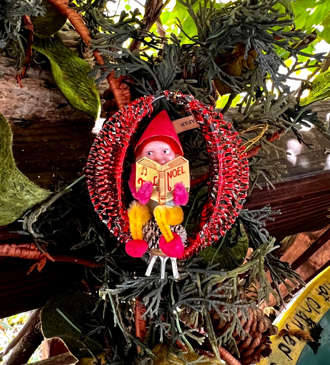 Vintage Mesh Elf Pixie Gnome Dwarf Pinecone Christmas Ornament Shiny ...