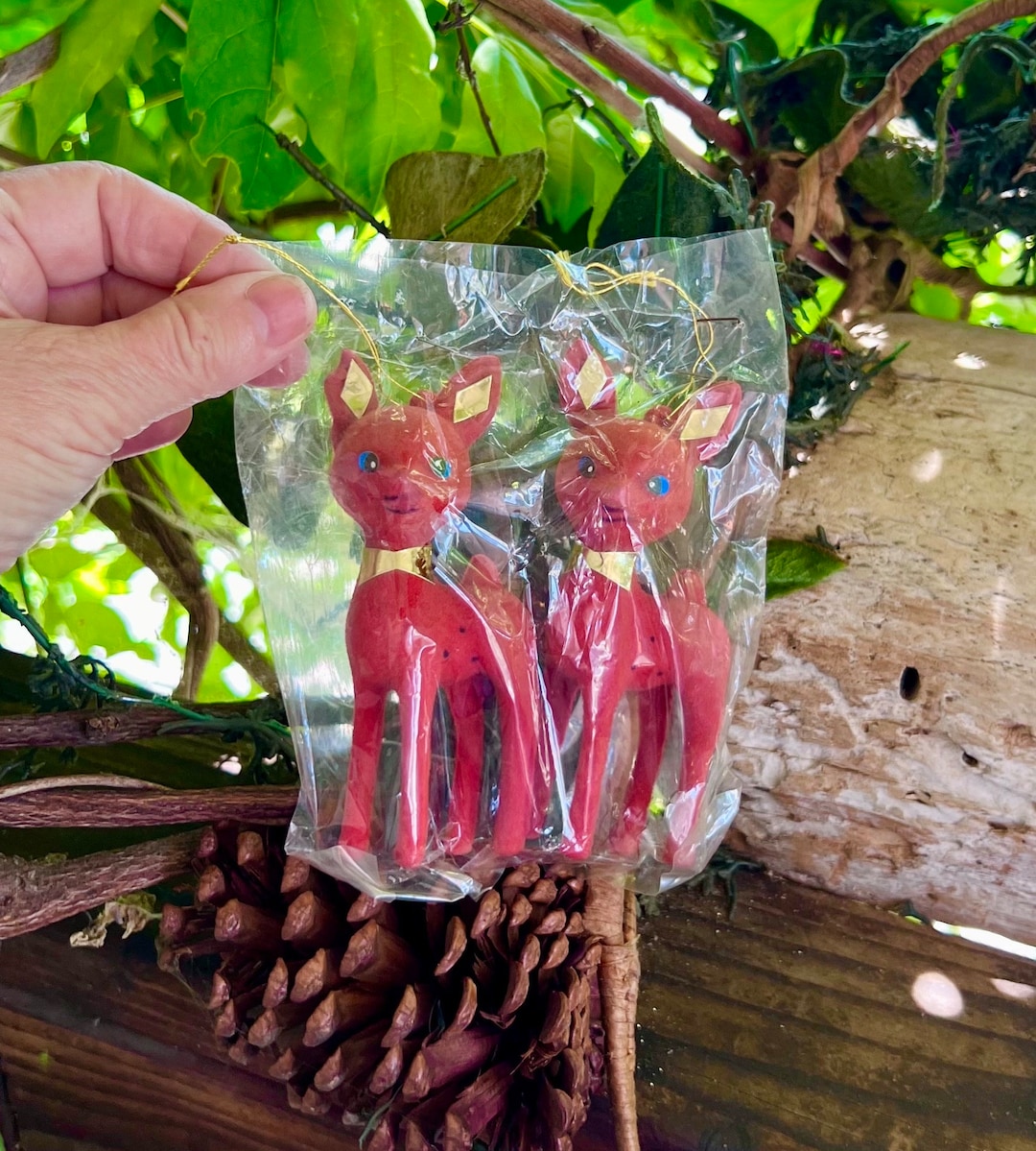 Vintage Flocked Red Reindeer Christmas Ornaments: Kitsch Retro Decor ...
