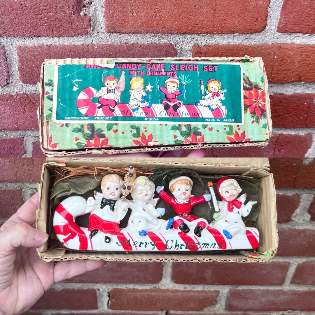 Vintage 1950 COMMODORE Candy Cane Angel Children Bottlebrush Tree Foil ...