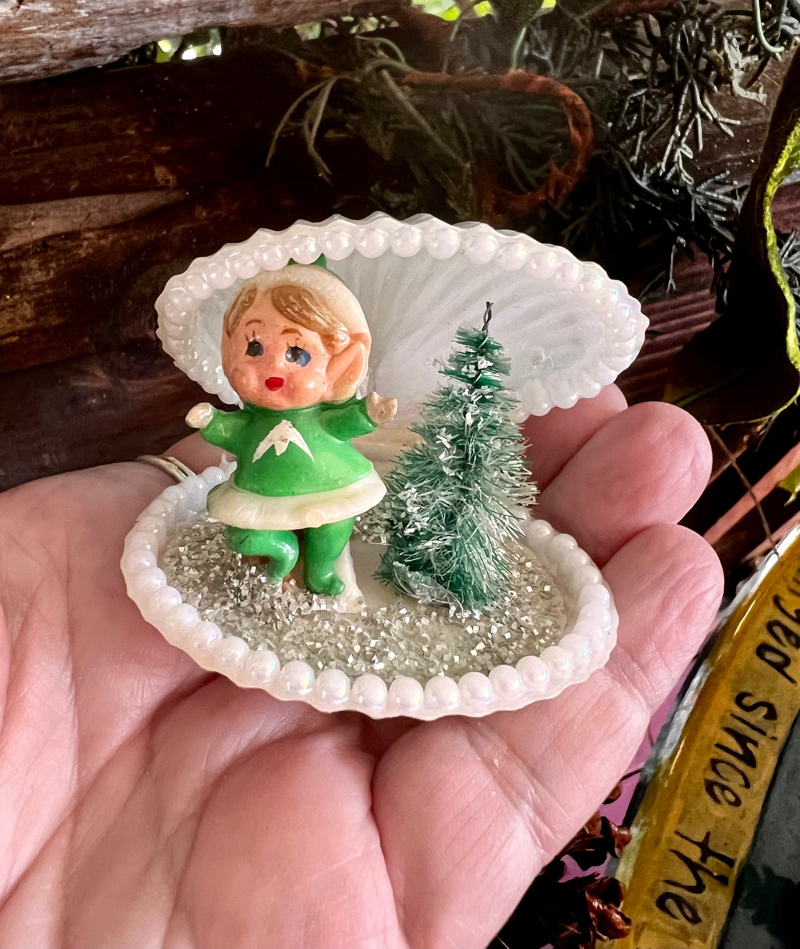 Vintage Elf Pixie Diorama Christmas Ornament Retro Kitsch Elf Pixie ...