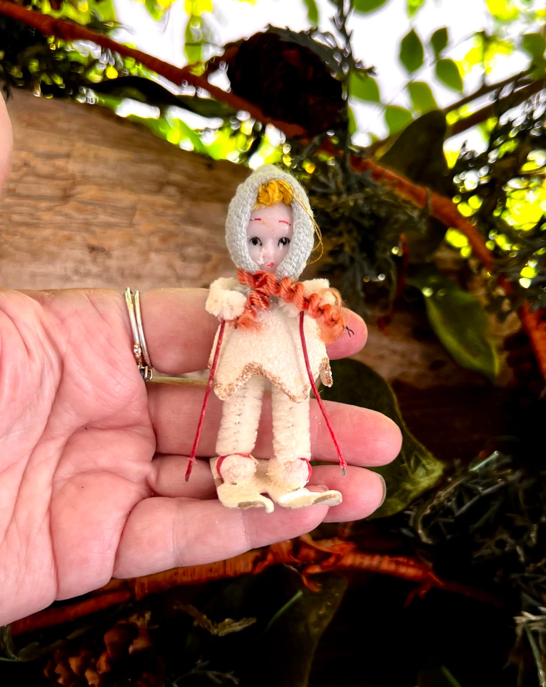 Vintage 1940 1950 Pixie Skier Christmas Ornament Felt Skiing Pixie Girl ...