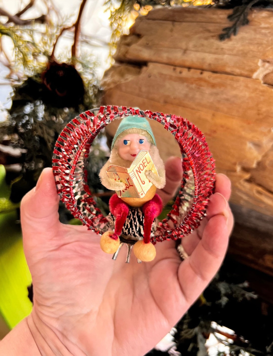 Vintage Mesh Elf Pixie Gnome Dwarf Pinecone Christmas Ornament Shiny ...