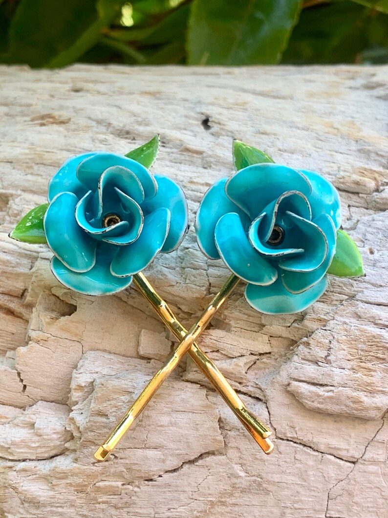 Vintage Turquoise Blue Rose Hairpins 1960 1970 Floral Hairpins Enamel ...