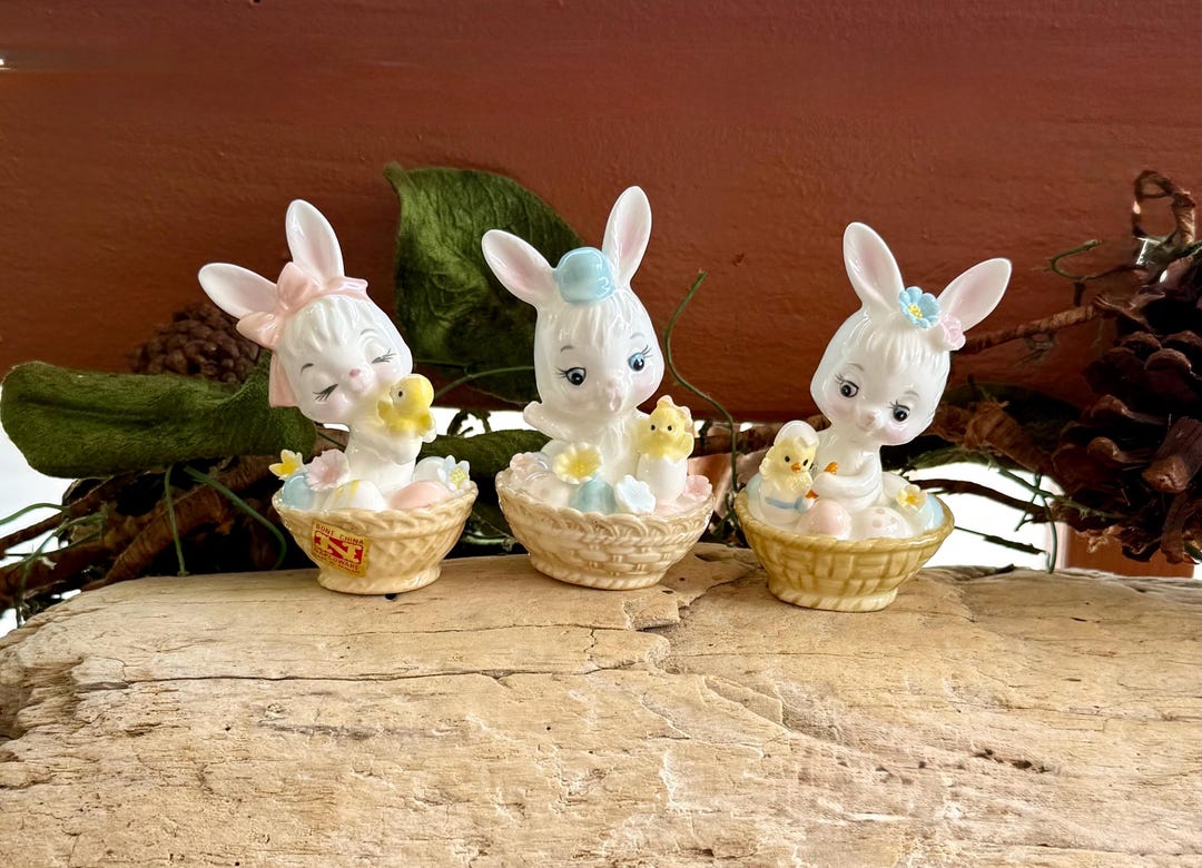 Vintage NAPCO Boy Girl Bunny Rabbit Figurine 1960 1970 Ceramic Floral ...