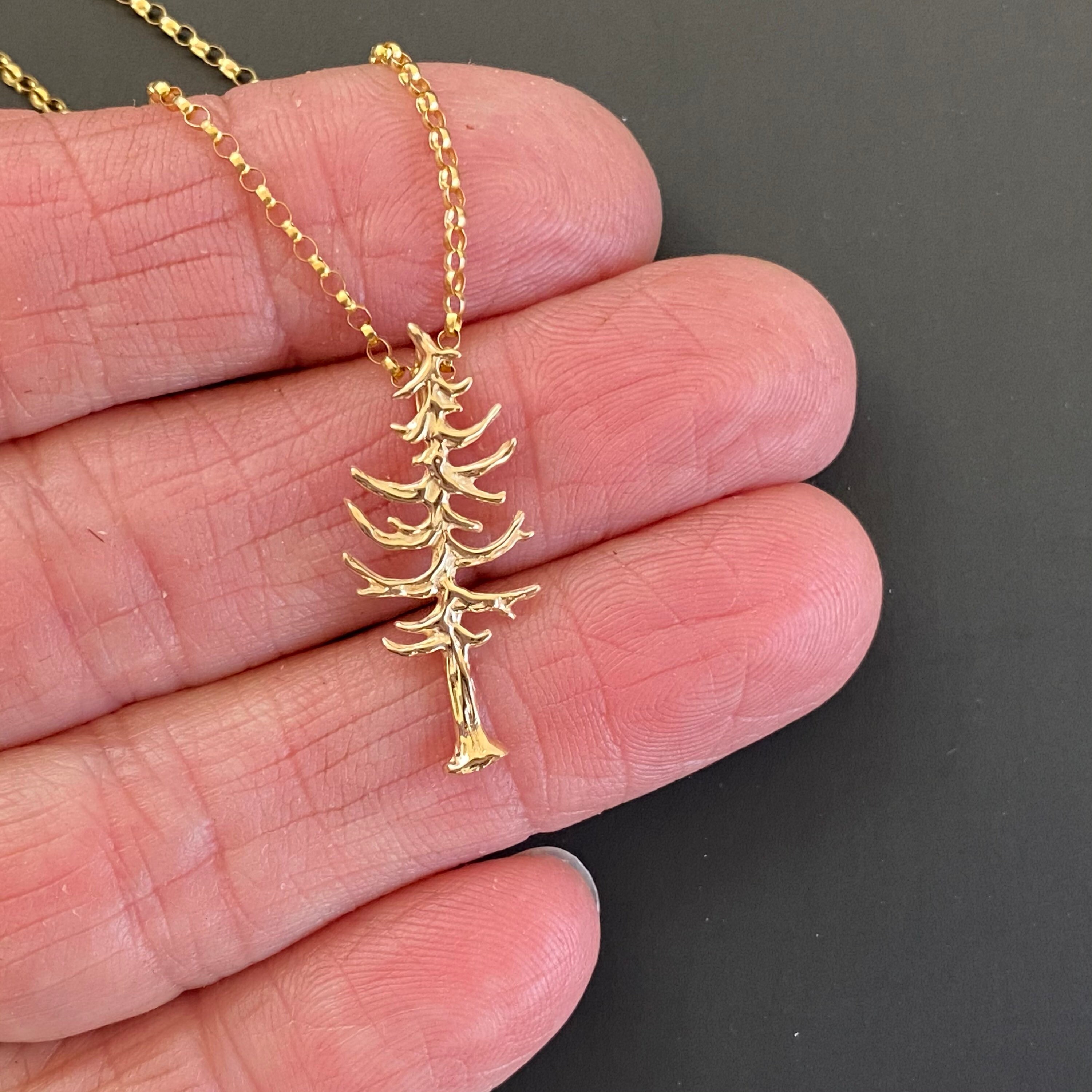 Gold Pine Tree pendant 26x12mm solid 14k gold necklace | Etsy