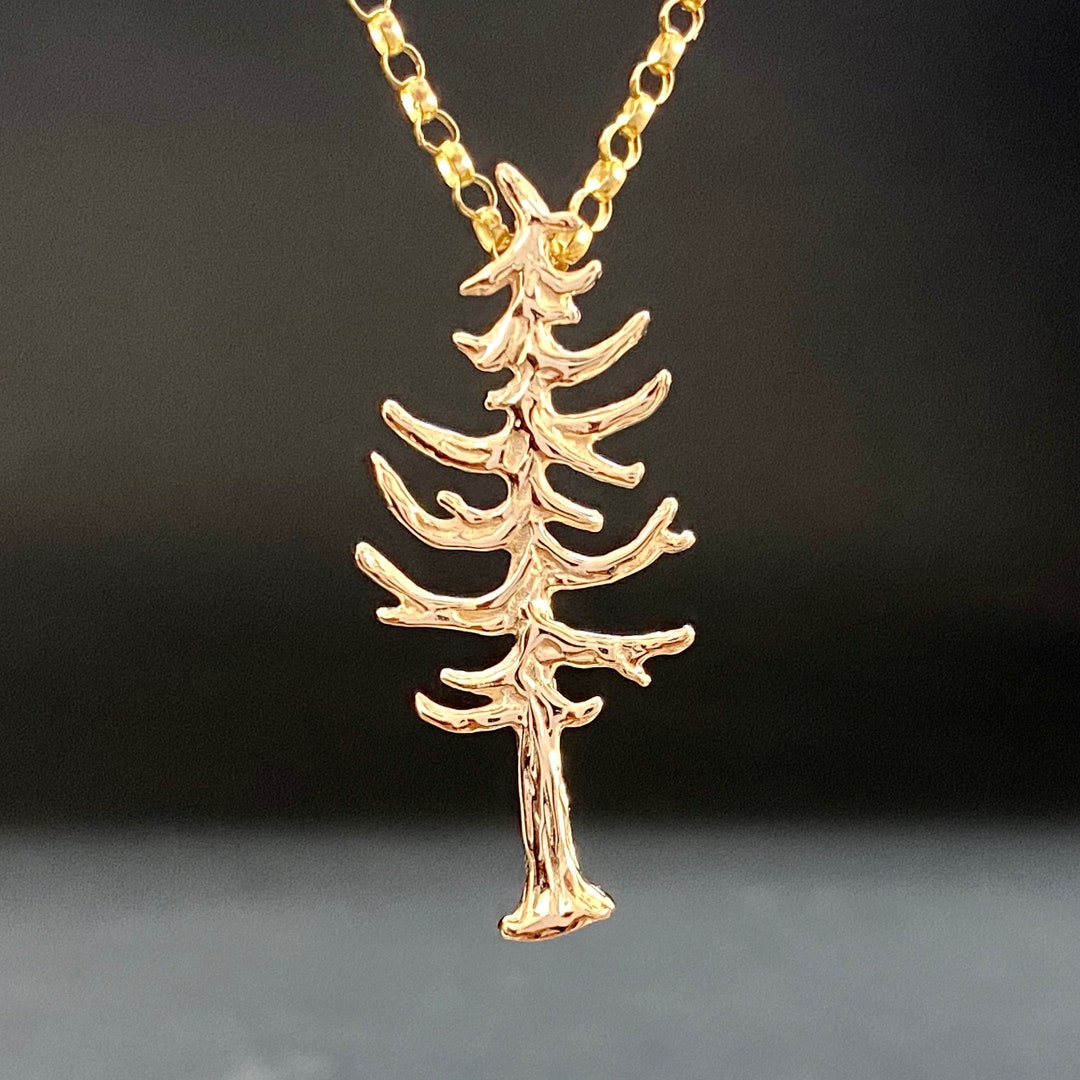 Gold Pine Tree Pendant, 26x12mm, Solid 14k Gold Necklace, Redwood, Fir ...