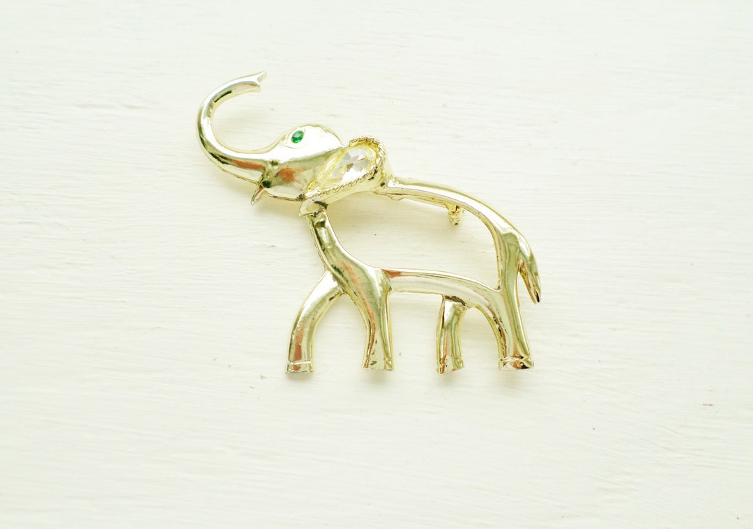 Vintage Oleet Elephant Brooch, Emerald Green Rhinestone Eye, Teardrop ...