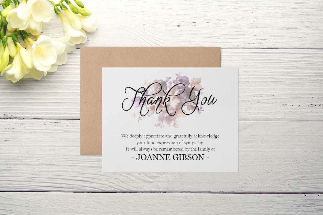Personalized Funeral Acknowledgement Cards - Purple Flowers - Sympathy ...