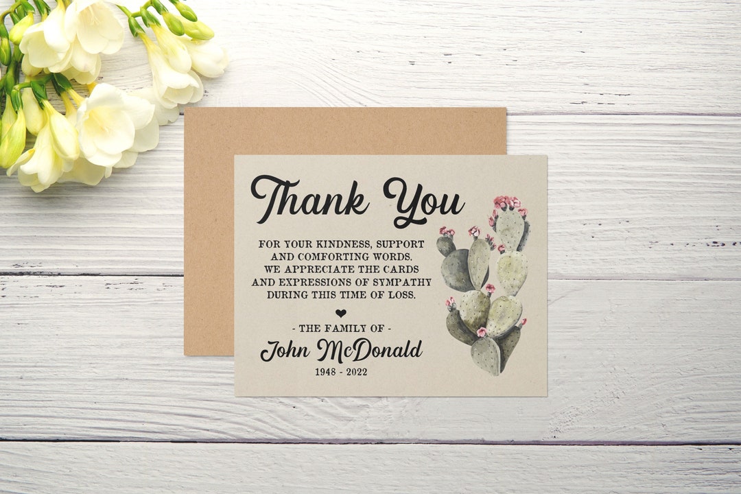 Personalized Funeral Acknowledgement Cards - Cactus - Sympathy Thank ...