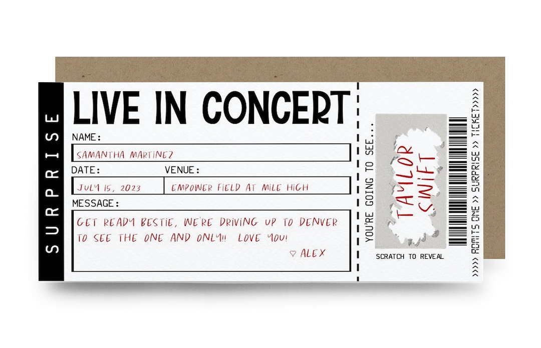 Personalized Surprise Concert Ticket Scratch off Card With Envelope ...