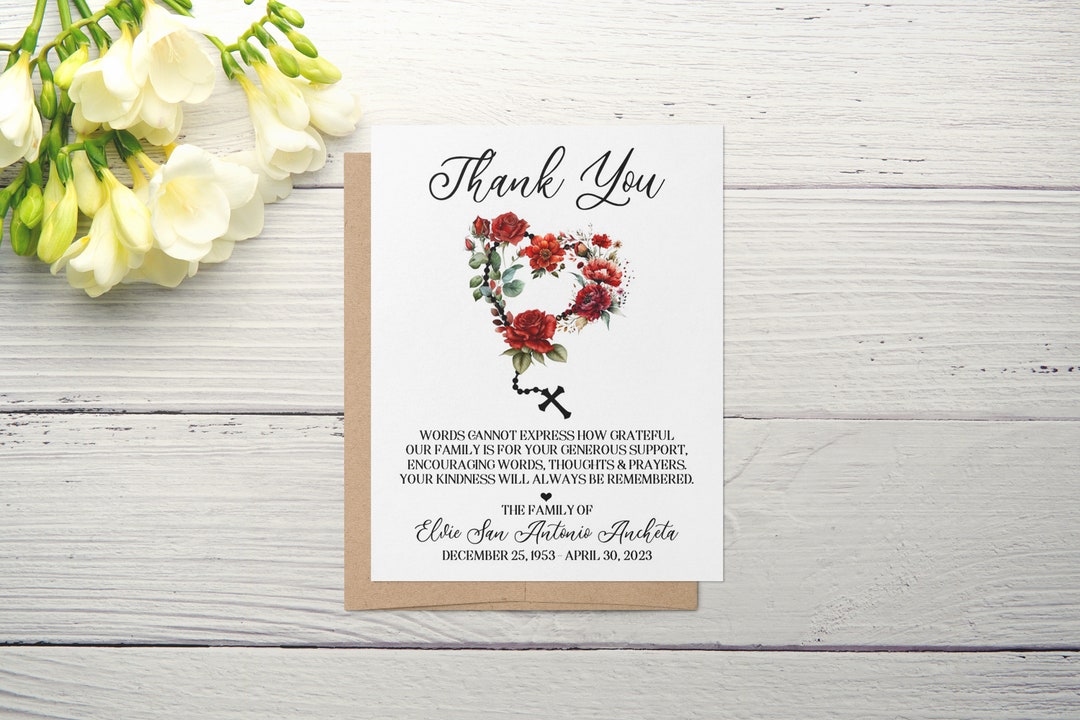 Personalized Funeral Acknowledgement Cards - Heart Rosary Red Floral ...
