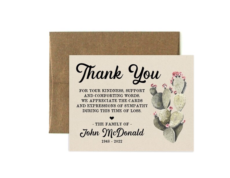 Personalized Funeral Acknowledgement Cards Cactus Sympathy - Etsy