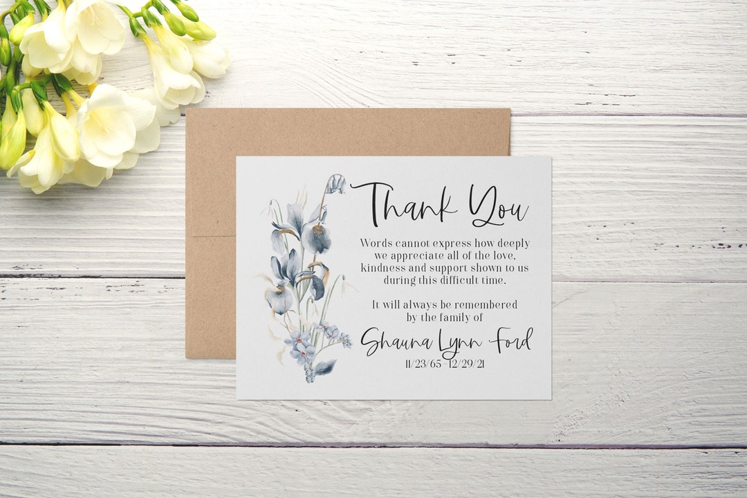 Personalized Funeral Acknowledgement Cards - Floral Blue Bouquet ...