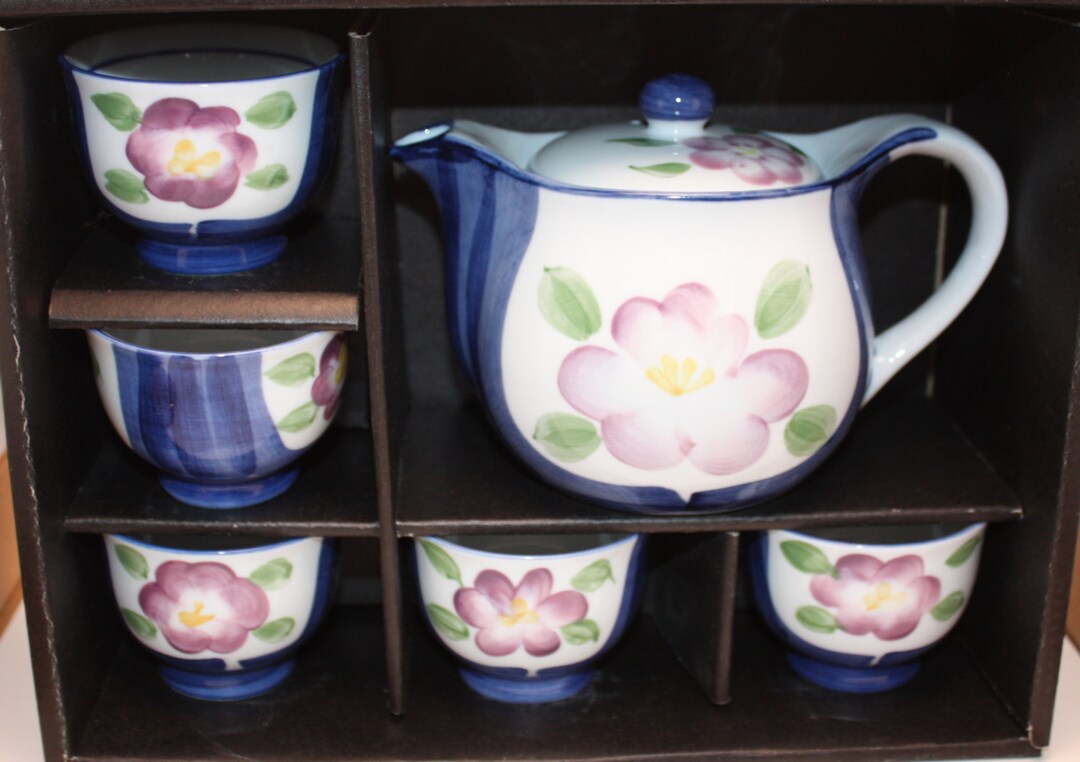 Fabulous Vintage Chinese Blue Floral Tea Set in Original Box-set ...